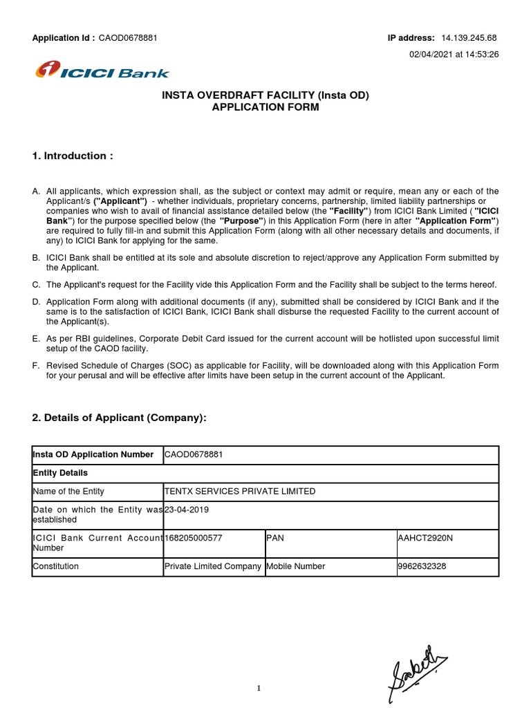ICICI Bank Insta OD Application Form | PDF | Banks | Interest