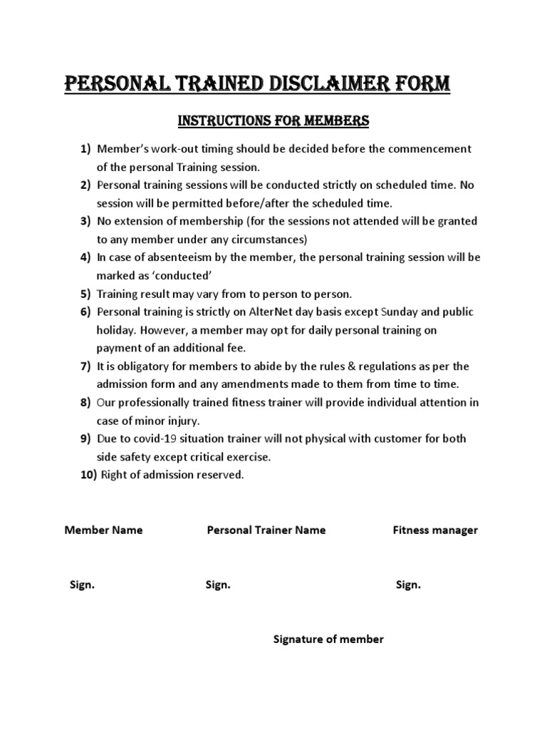 Personal Trained Disclaimer Form: Instructions For Members | PDF