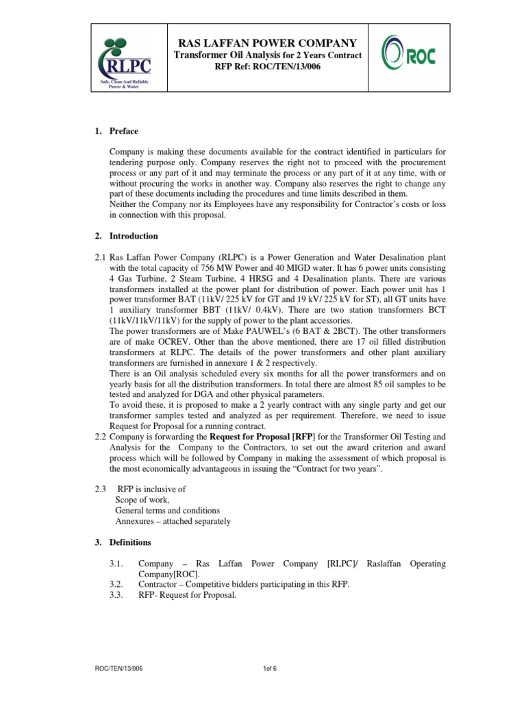 RFP - Transformer Oil Analysis in RLPC | PDF | Request For Proposal ...