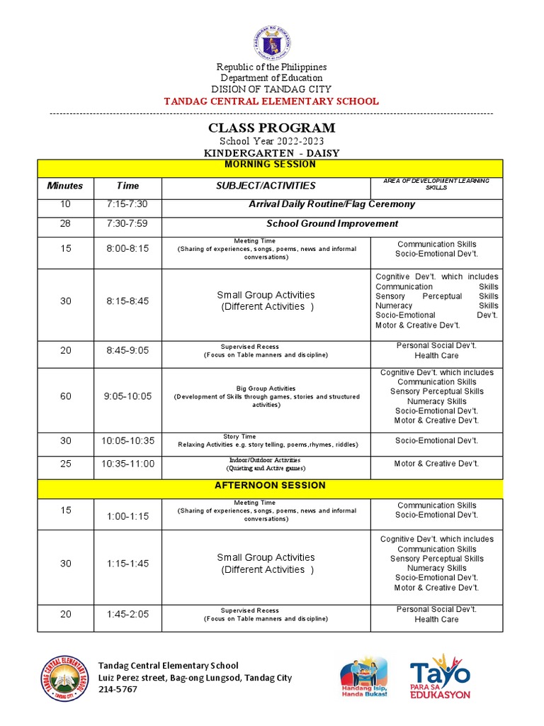 Class Program: Kindergarten - Daisy | PDF | Perception | Behavioural ...
