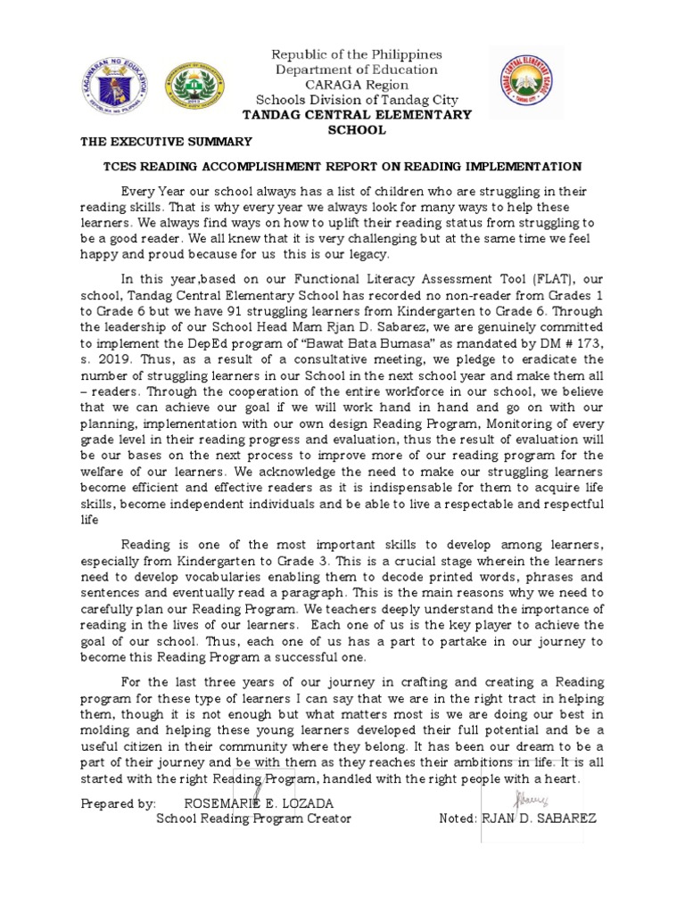 Tces Reading Accomplishment Report On Reading Implementation | PDF ...