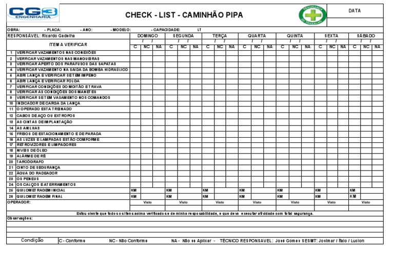 Checklist caminhão pipa | PDF