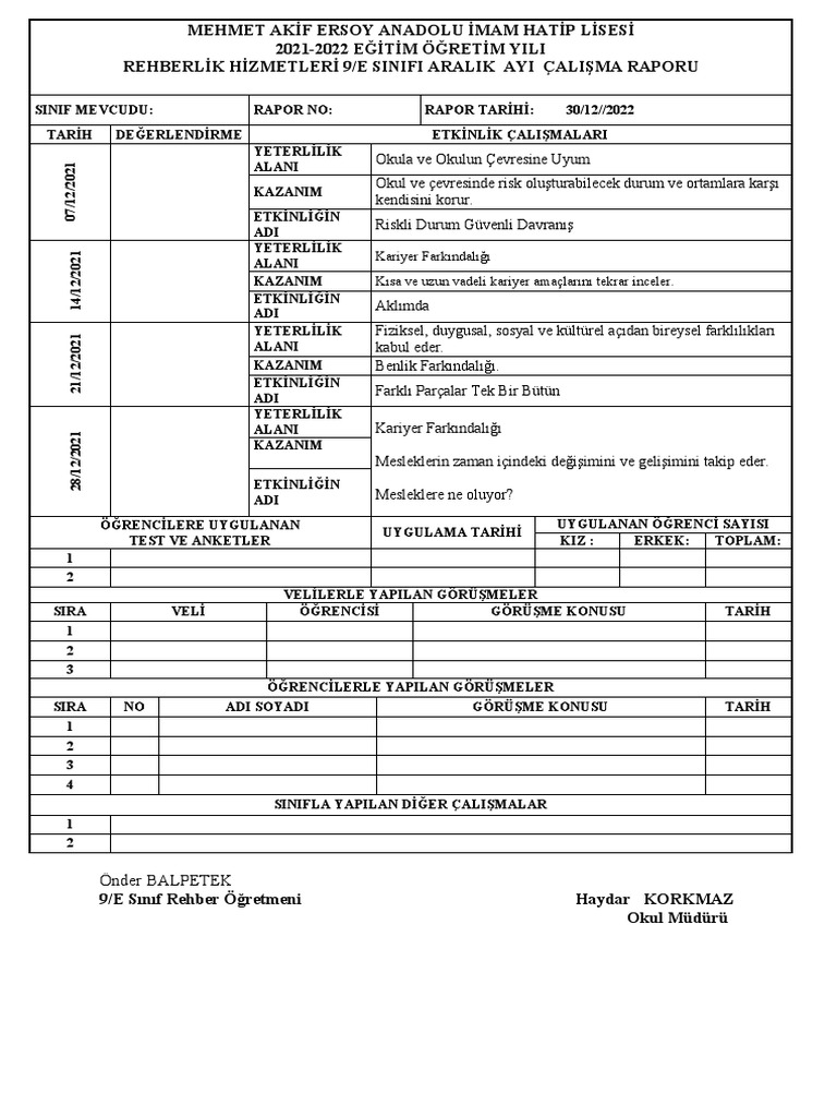 Rehberli̇k Aylik Faali̇yet Raporu Aralik | PDF