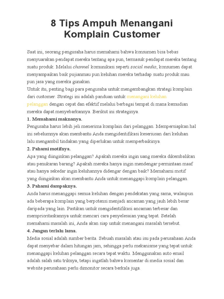 8 Tips Ampuh Menangani Komplain Customer | PDF