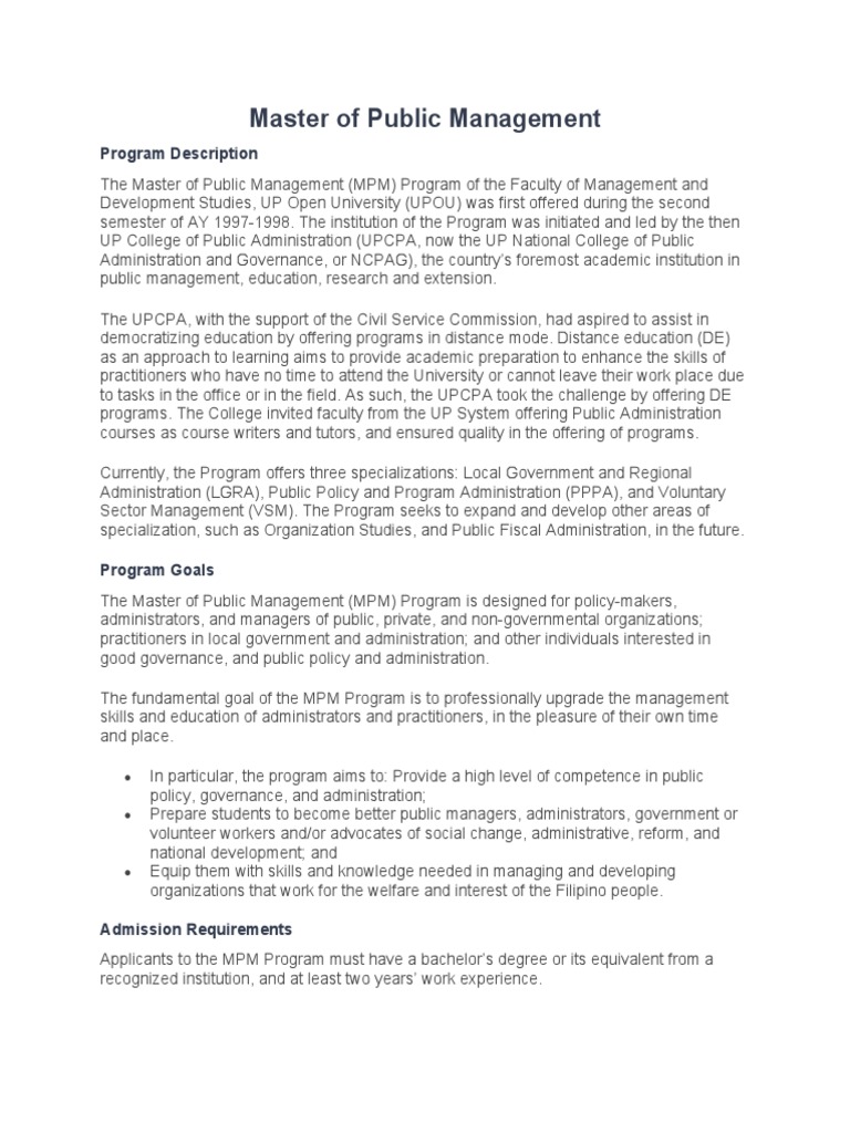 Master of Public Management: Program Description | PDF | Academic Term ...