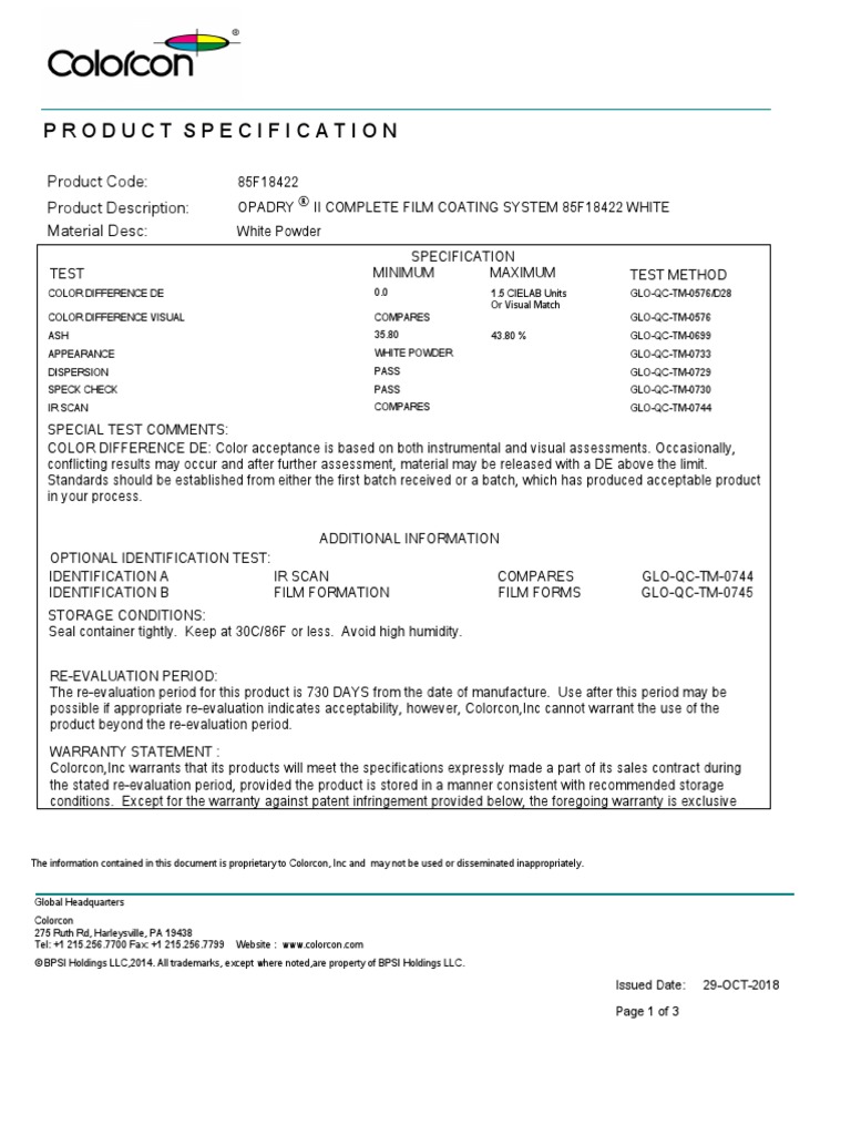 Product Specification: Product Code: Product Description: Material Desc ...