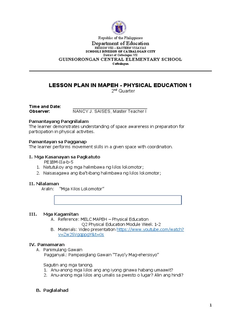 Grade 1 Lesson Plan in P.E. | PDF