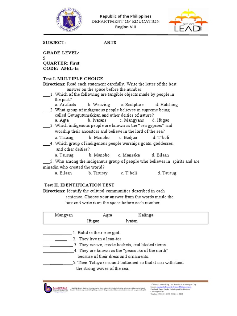 Subject: Arts Grade Level: 5 QUARTER: First Code: A5El-Ia Test I ...
