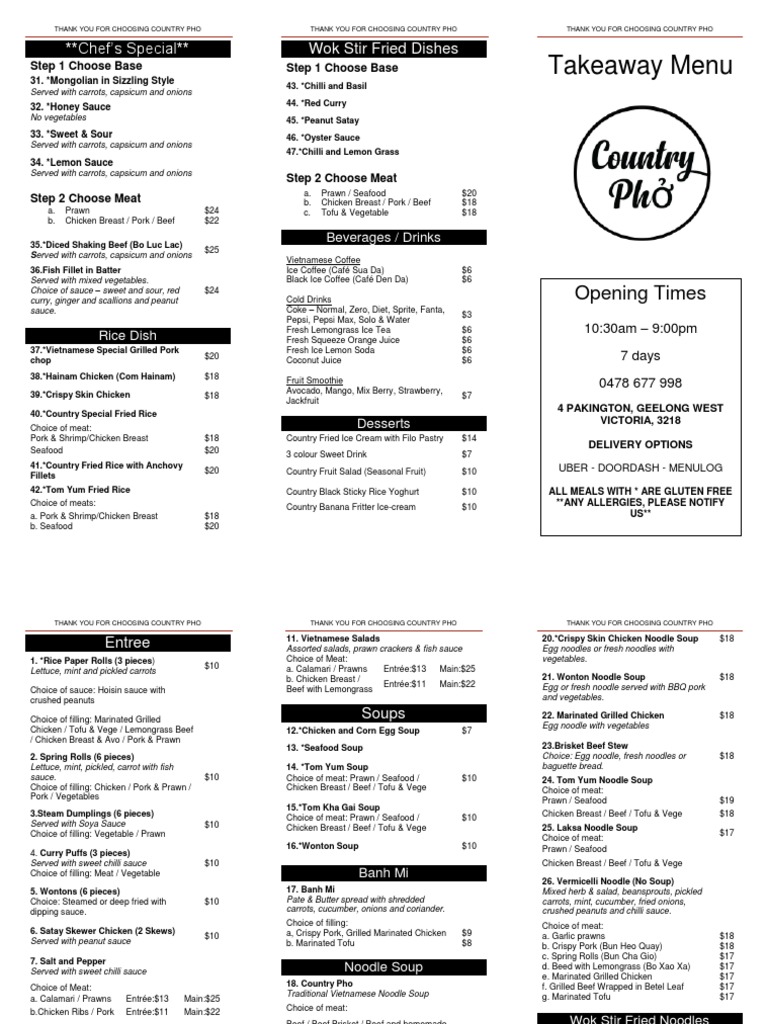 Pho Country Takeaway Menu | PDF | Vietnamese Cuisine | Tofu