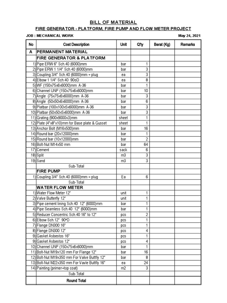 Bill of Material: Fire Generator - Platform, Fire Pump and Flow Meter ...
