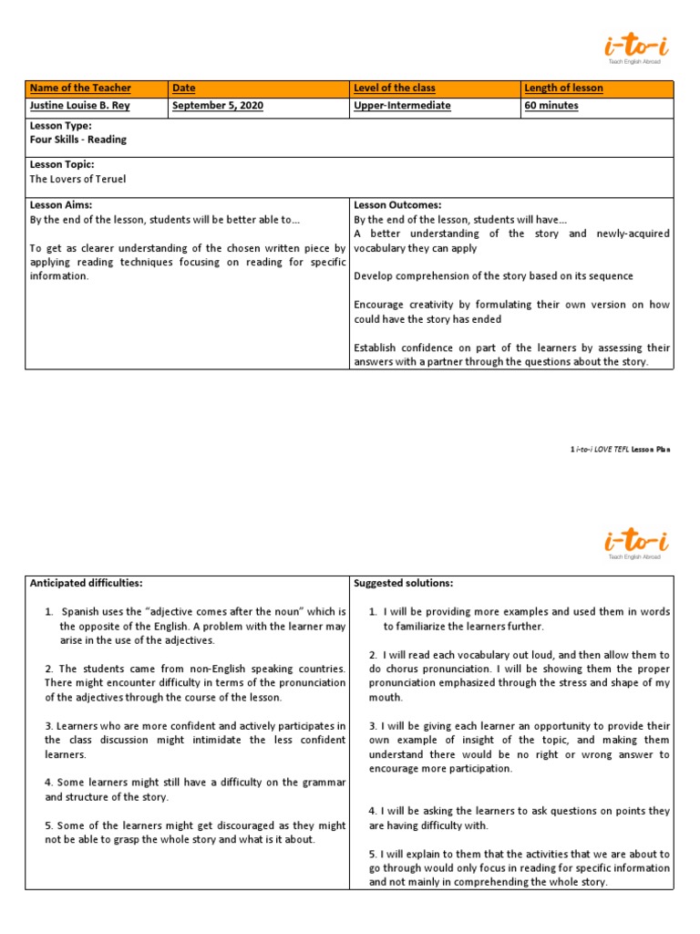 1 I-To-I LOVE TEFL Lesson Plan | PDF | Vocabulary | Lesson Plan