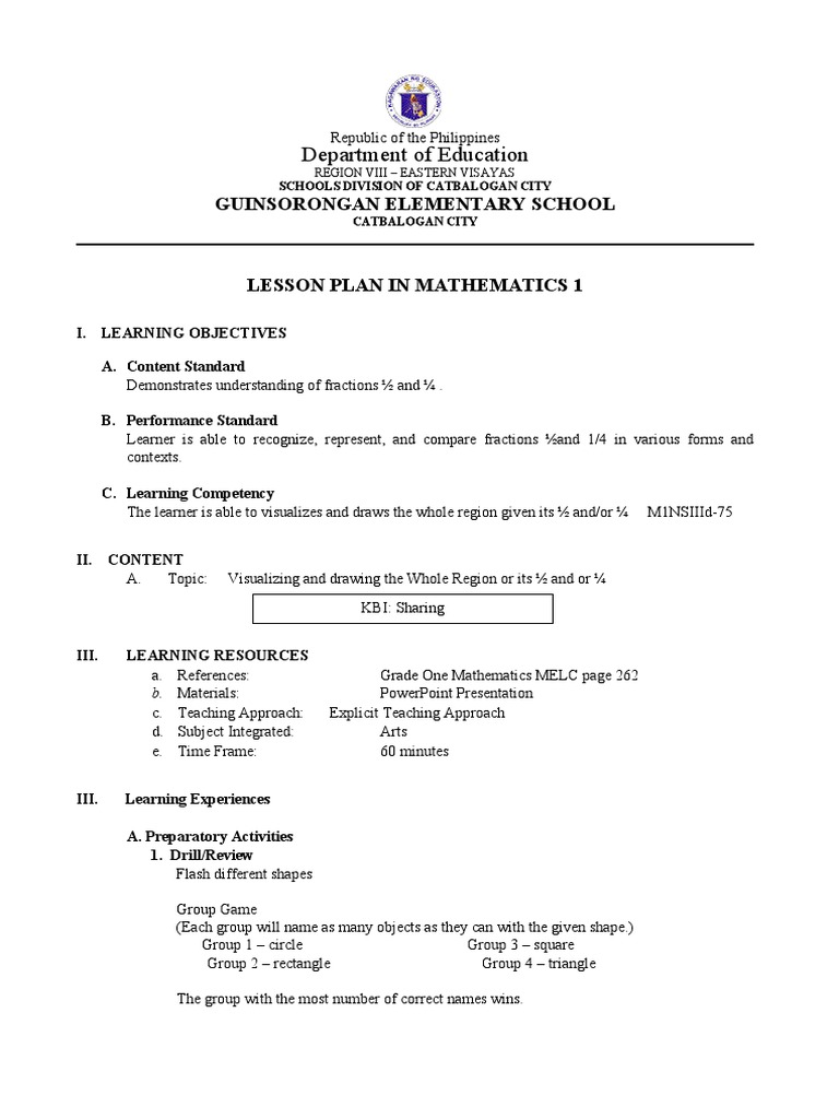 Grade 1 Lesson Plan in Fraction | Download Free PDF | Learning | Cognition