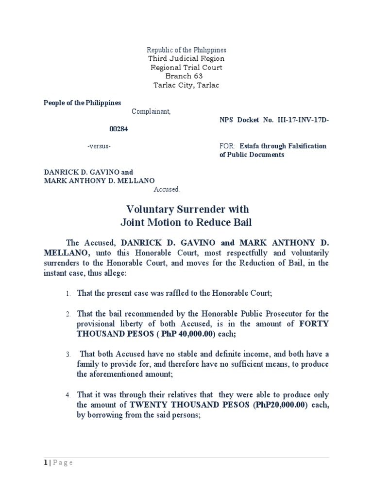 Motion To Reduce Bail | PDF | Bail | Crimes