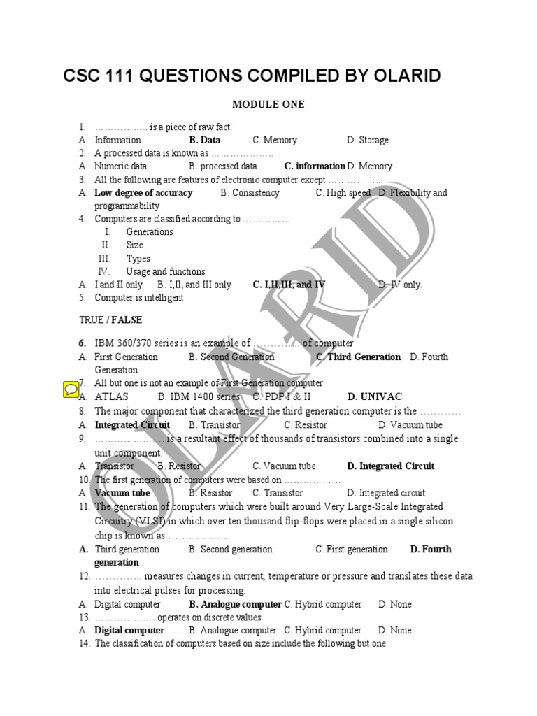 CSC 111 Questions Compiled by Olarid | PDF | Computer Program | Programming
