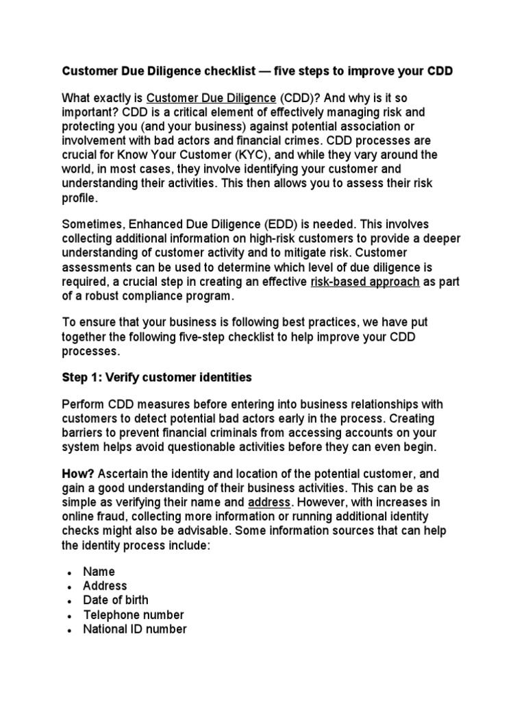 Customer Due Diligence Checklist | PDF | Authentication | Due Diligence