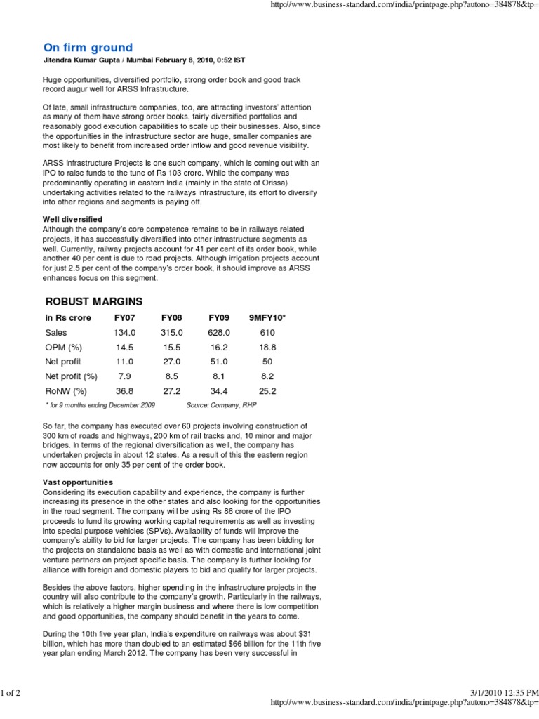 ARSS Infrastructure's IPO Insights | PDF | Venture Capital | Corporate ...