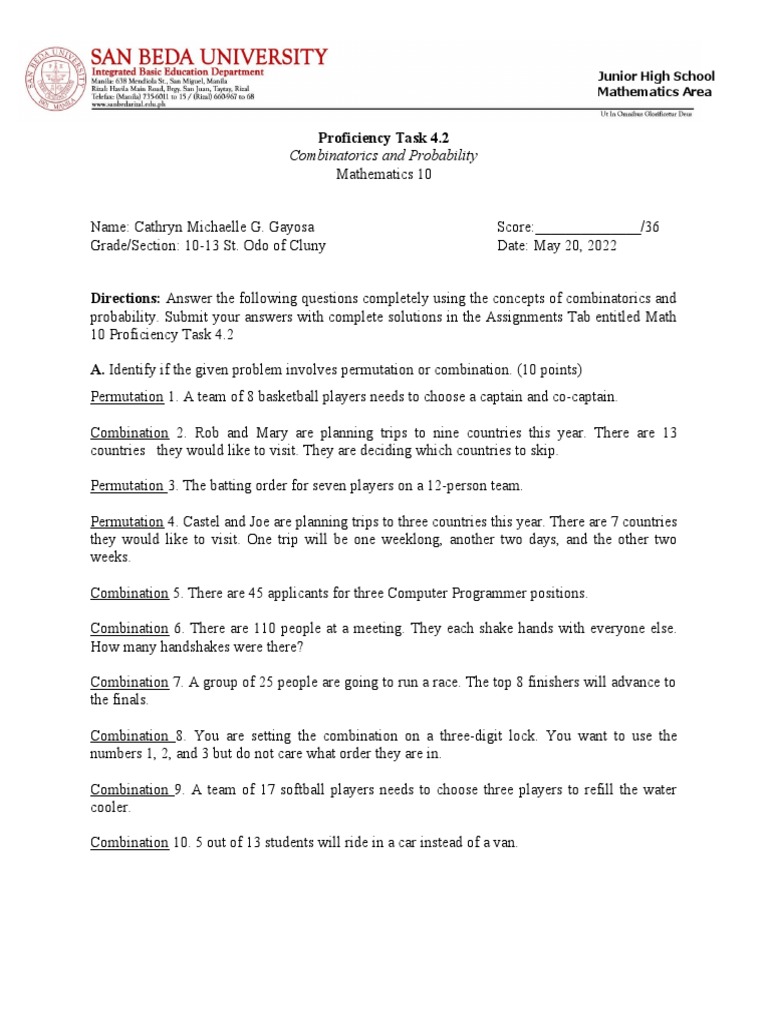 Math 10 Combinatorics & Probability Task | PDF | Mathematics
