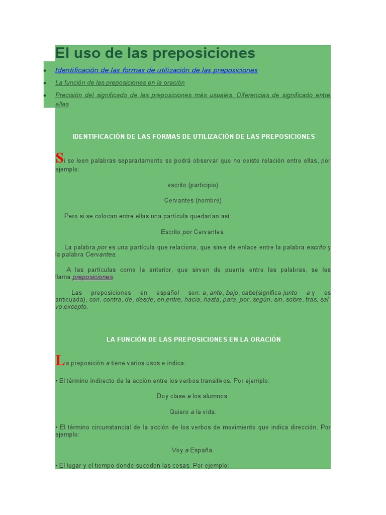 El Uso de Las Preposiciones | Descargar gratis PDF | Preposición y ...