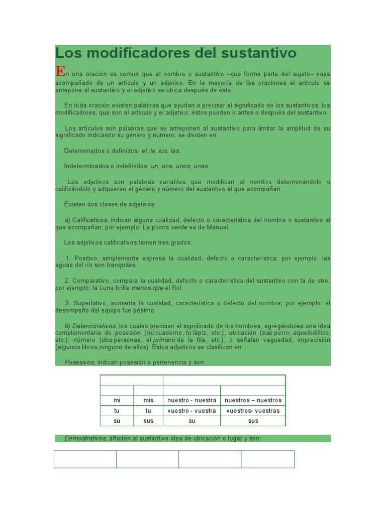 Los Modificadores Del Sustantivo | PDF | Adjetivo | Unidades Semánticas