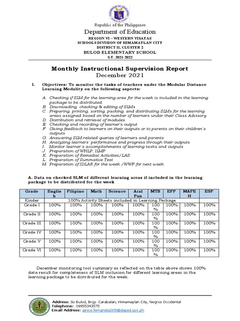 Department of Education: Monthly Instructional Supervision Report | PDF ...