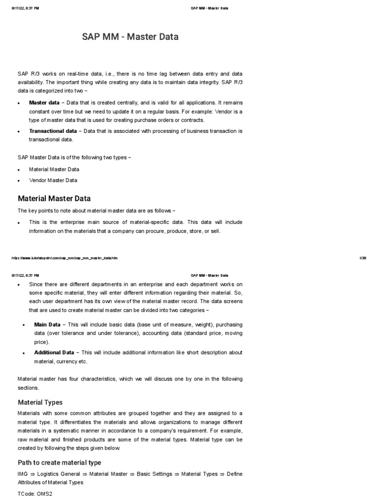 SAP MM - Master Data | PDF | Information | Data