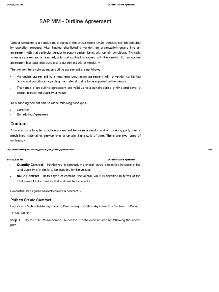 SAP MM - Outline Agreement | PDF | Market (Economics) | Business Process