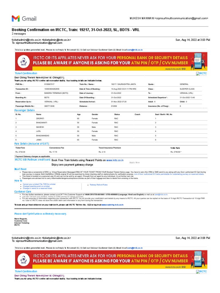 Gmail - Booking Confirmation On IRCTC, Train - 19217, 31-Oct-2022, SL, BDTS - VRL | PDF | Credit ...