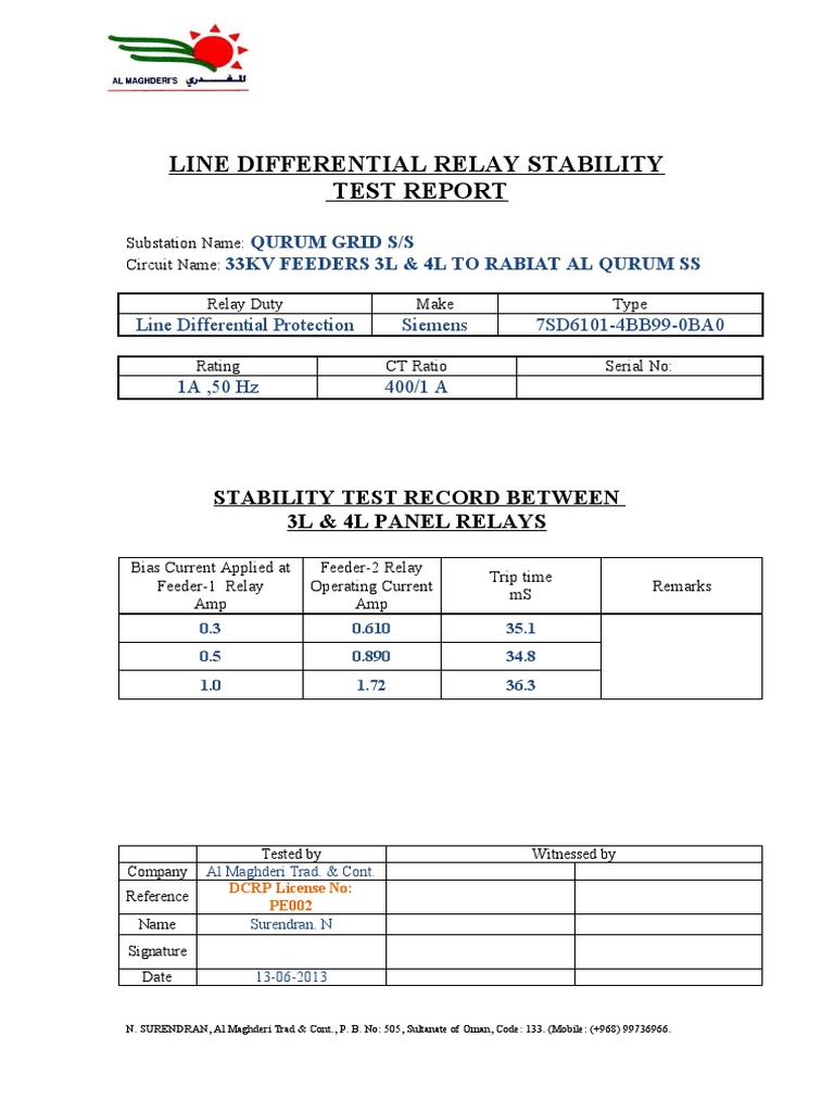 Line Differential Relay Stability Test Report: Stability Test Record ...
