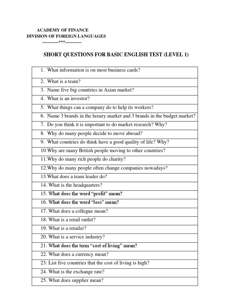 Short Questions For Basic English Test (Level 1) | PDF | Cost Of Living ...