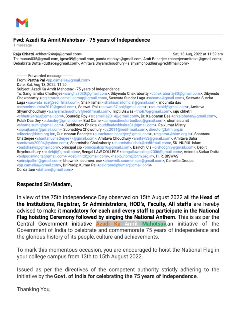 Gmail - FWD - Azadi Ka Amrit Mahotsav - 75 Years of Independence | PDF