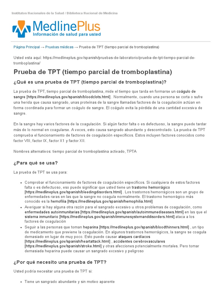Prueba de TPT (Tiempo Parcial de Tromboplastina) - Prueba de ...