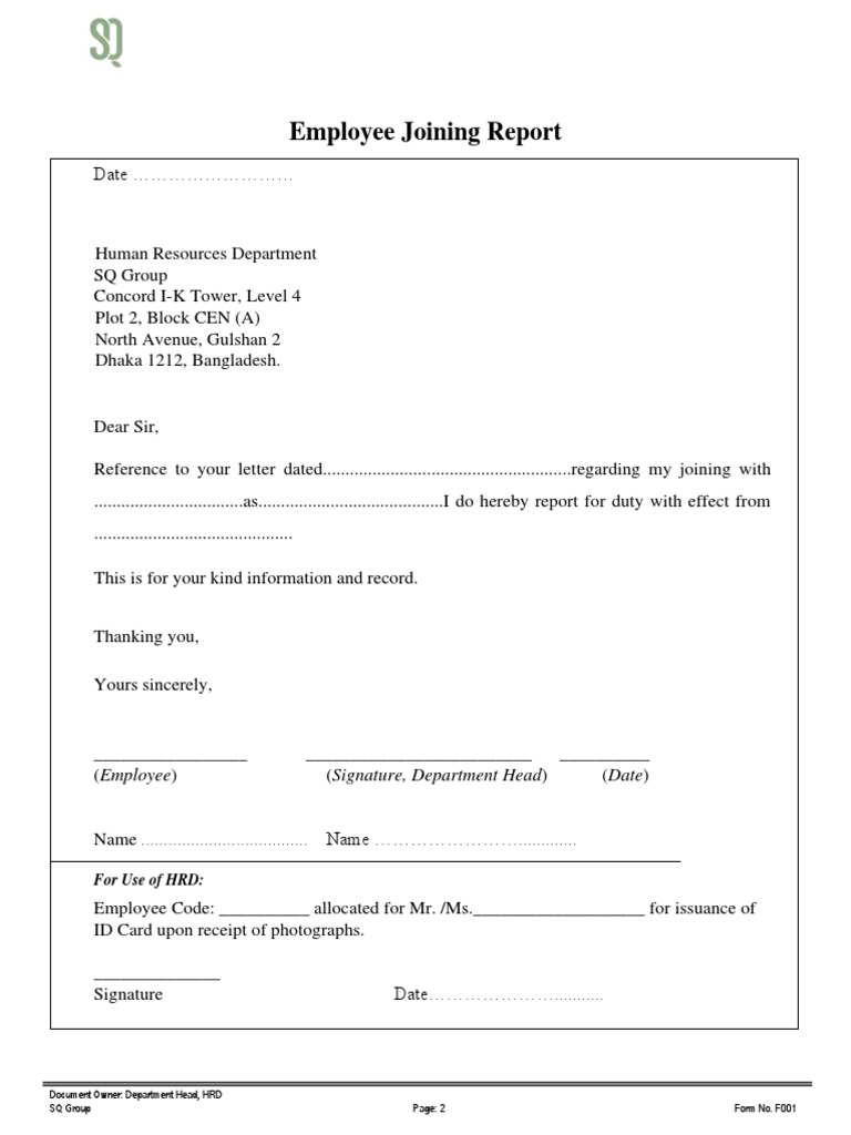 Employee Joining Report: For Use of HRD | PDF