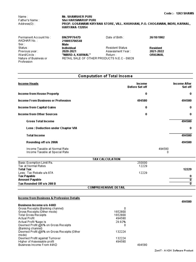 Computation of Total Income: Zenit - A KDK Software Product | PDF ...