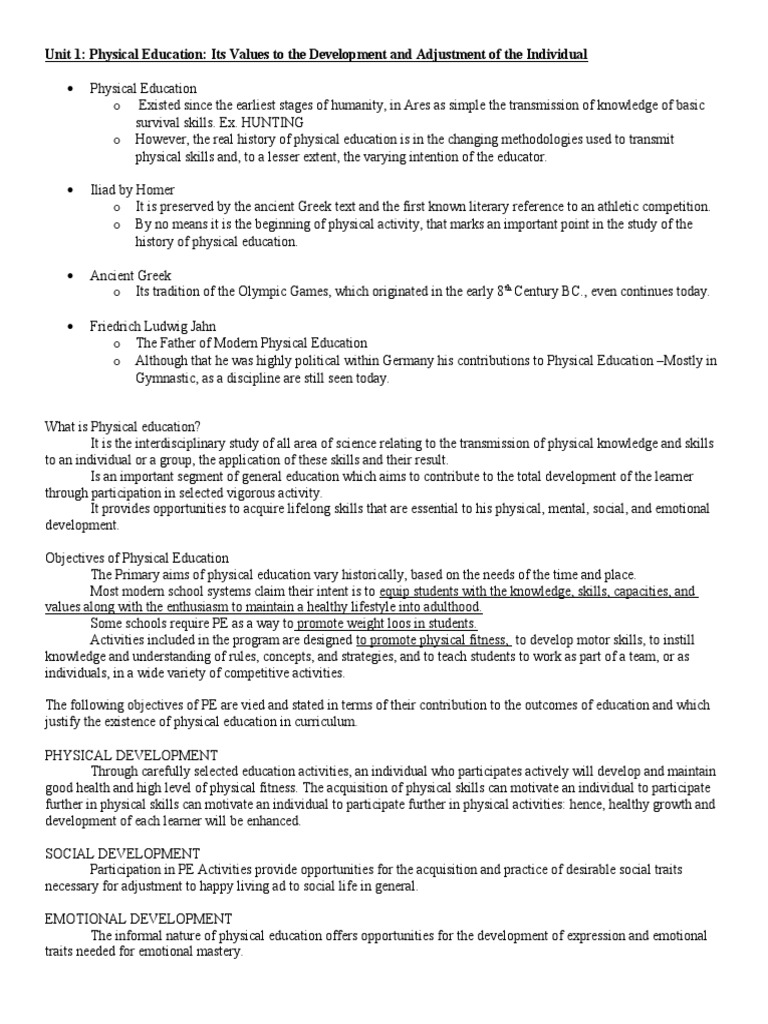 Unit 1: Physical Education: Its Values To The Development and ...
