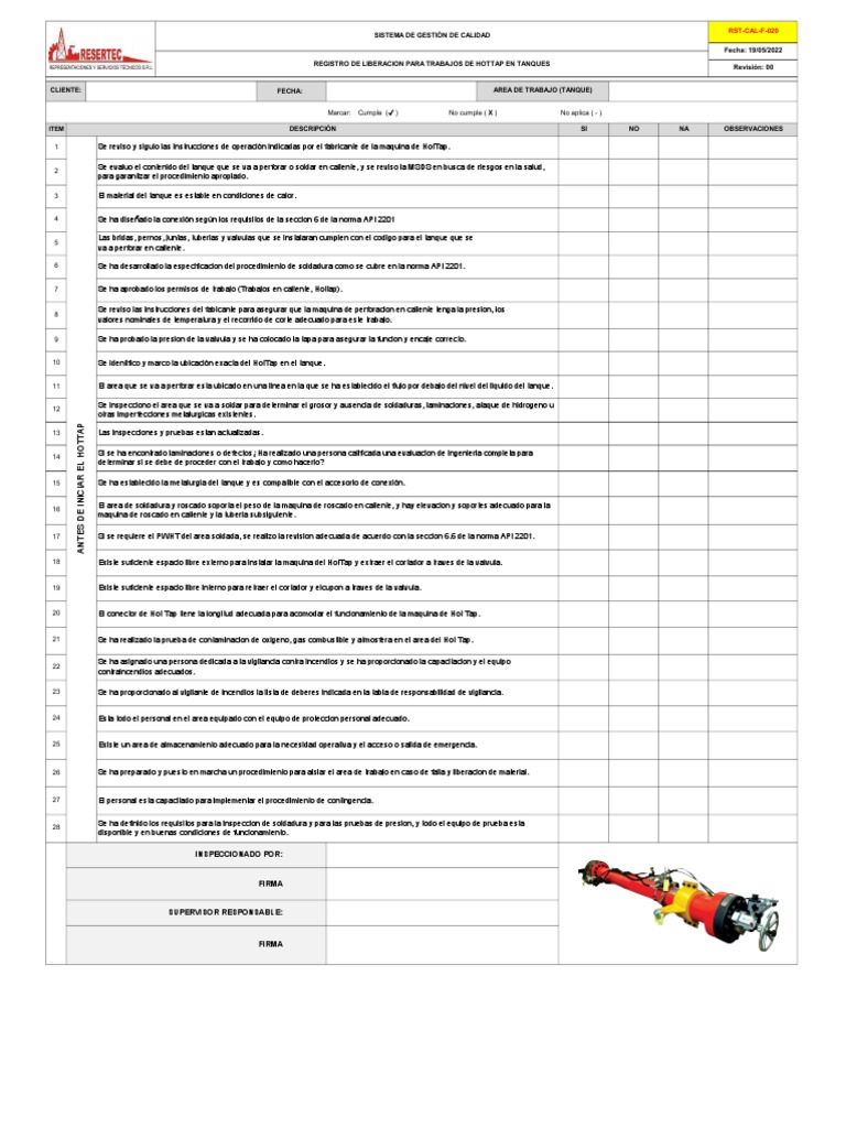 CheckList Hottap Tanques | PDF | Soldadura | Construcción