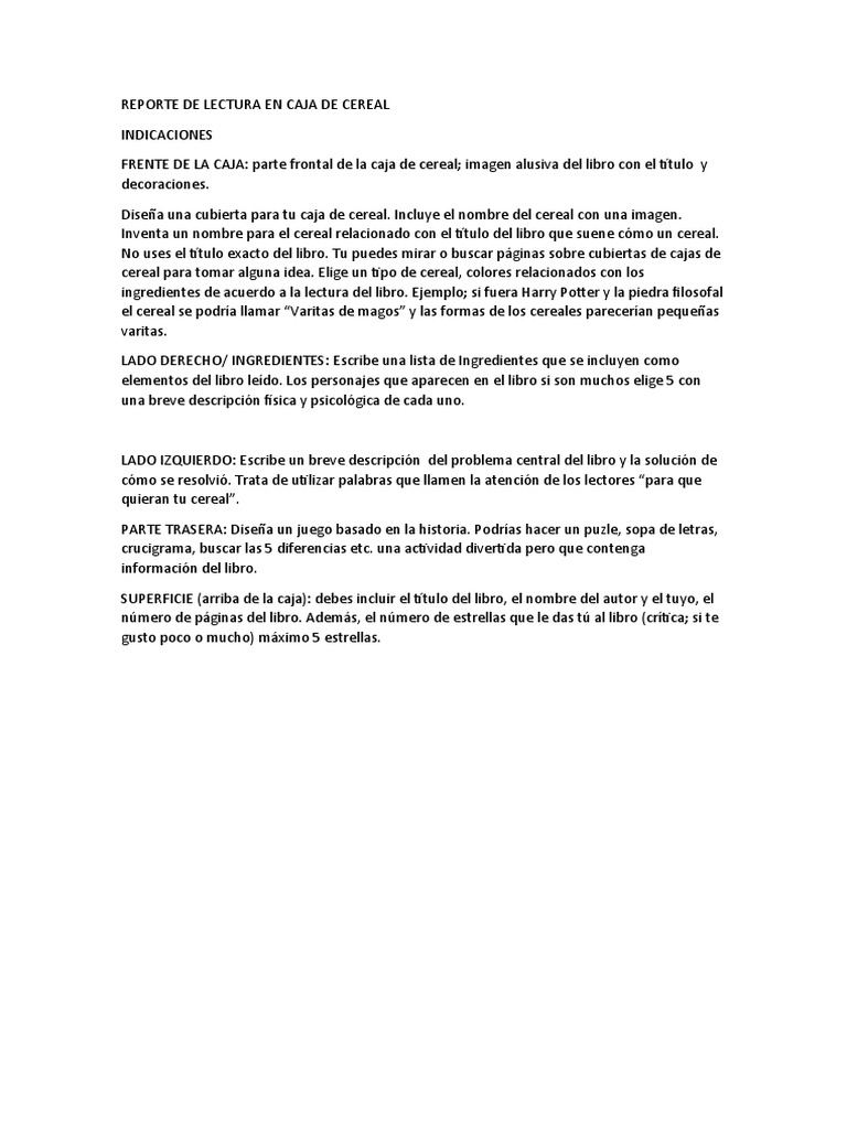 Informe de Lectura en Caja de Cereal | PDF