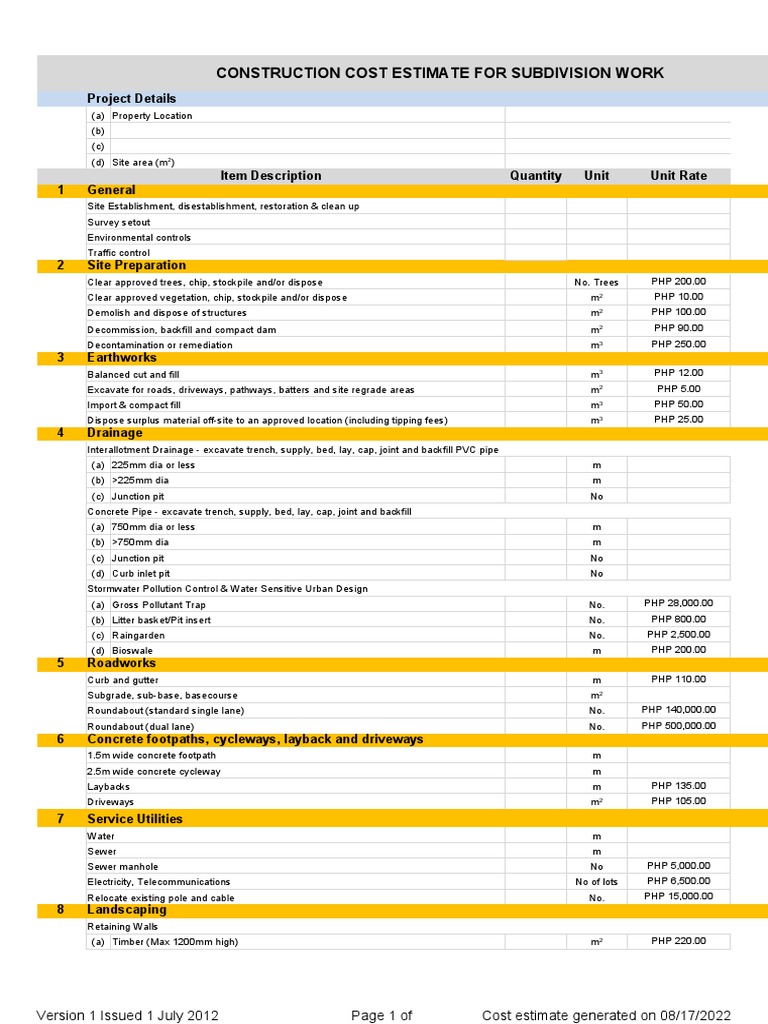 Subdivision Construction Cost Estimate | PDF | Civil Engineering ...