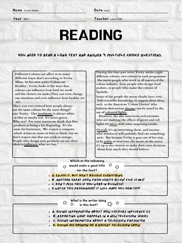 Reading: You Need To Read A Long Text and Answer 4 Multiple Choice ...