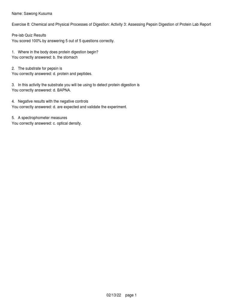 Pepsin Digestion of Protein Lab Report | PDF | Digestion | Enzyme