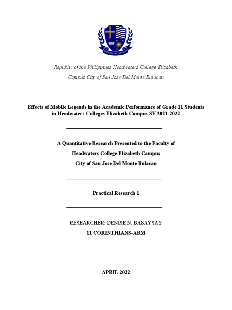 Republic of The Philippines Headwaters College Elizabeth Campus City of ...