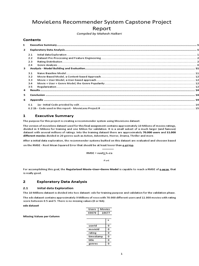 Movielens Recommender System Capstone Project: Compiled by Mahesh Halkeri | PDF | Root Mean ...