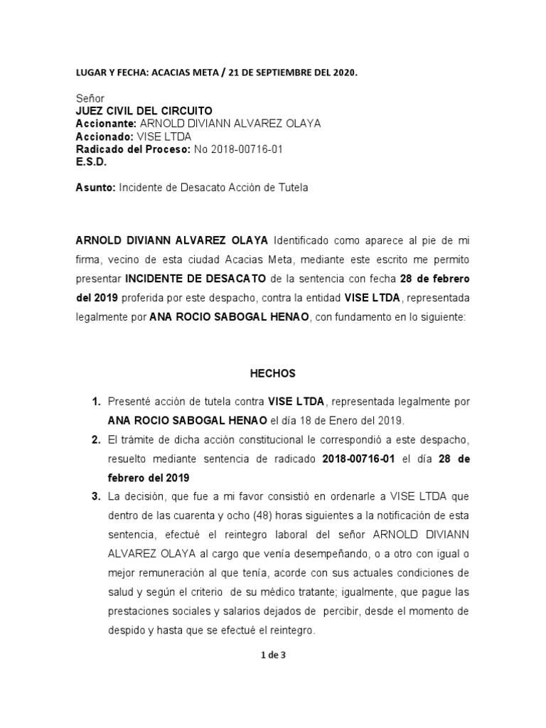 Formato de Desacato. | PDF | Sentencia (ley) | Gobierno