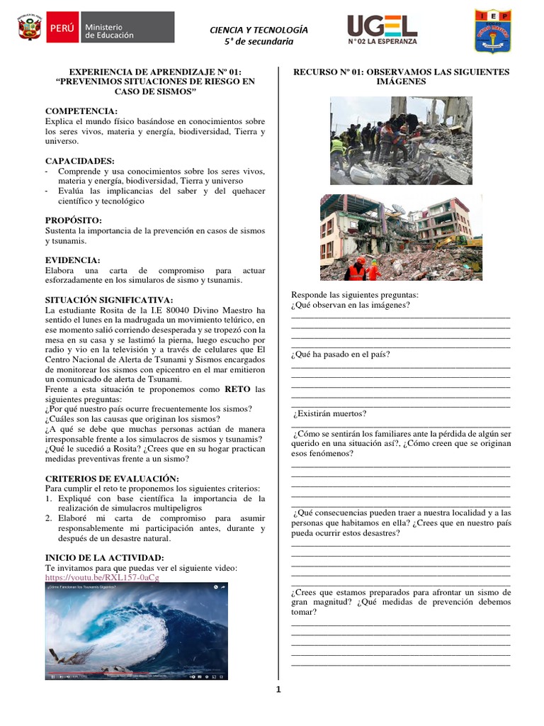 Experiencia de Aprendizaje #01 Prevenimos Situaciones de Riesgo en Caso de Sismos | PDF ...