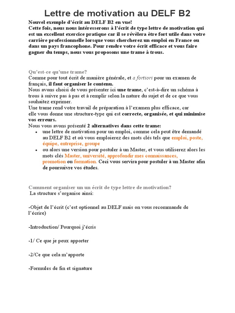 Trame Pour La Lettre de Motivation Au DELF | PDF | Motivation | Motivant