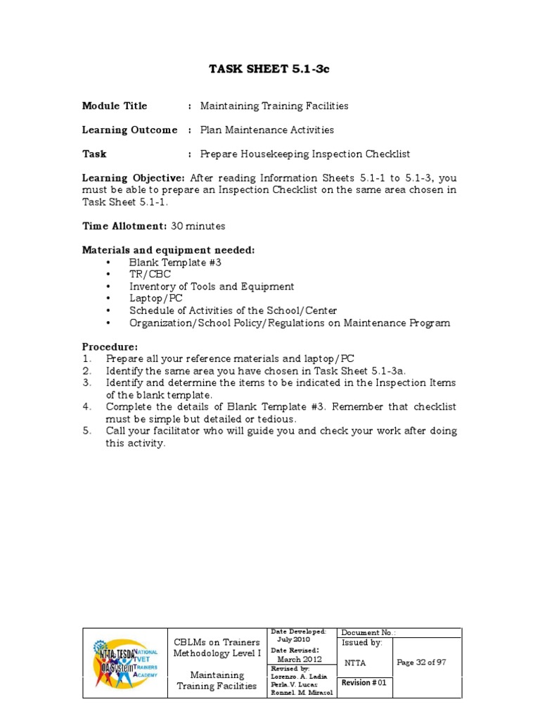 Task Sheet 5.1-3C: Cblms On Trainers Methodology Level I Maintaining ...