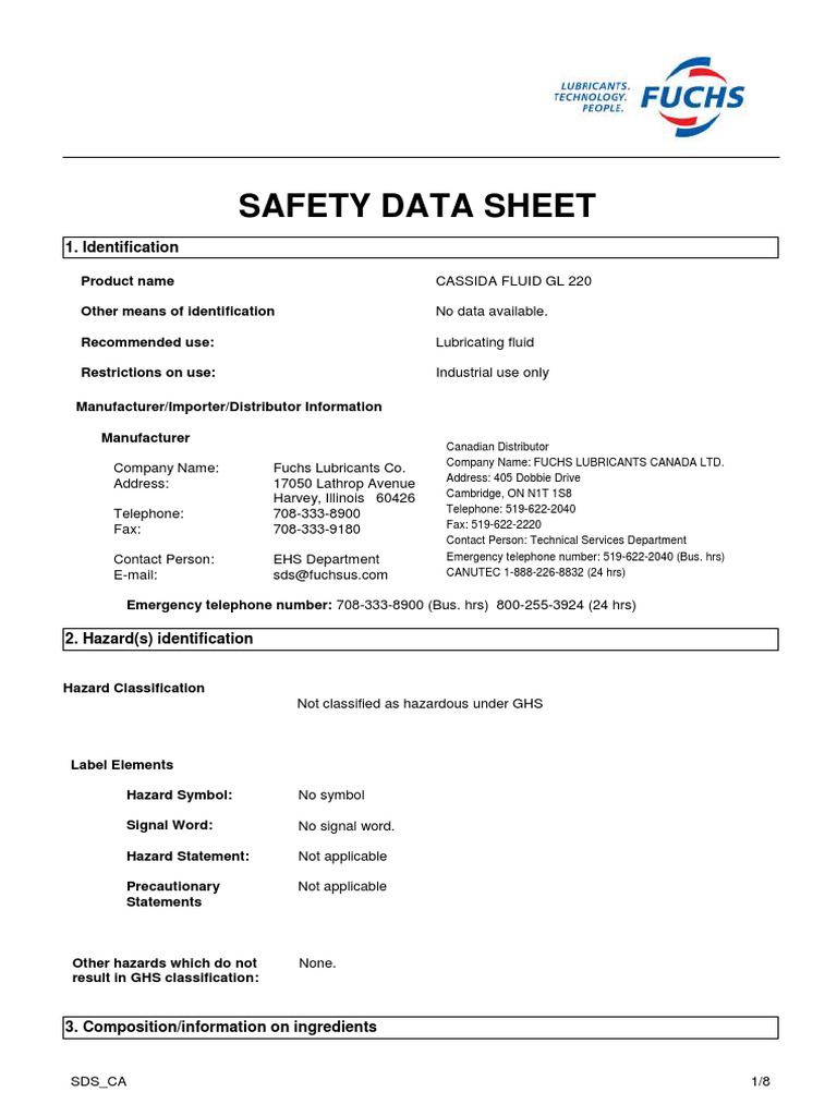 Cassida Fluid GL 220 - MSDS | PDF | Firefighting | Personal Protective Equipment