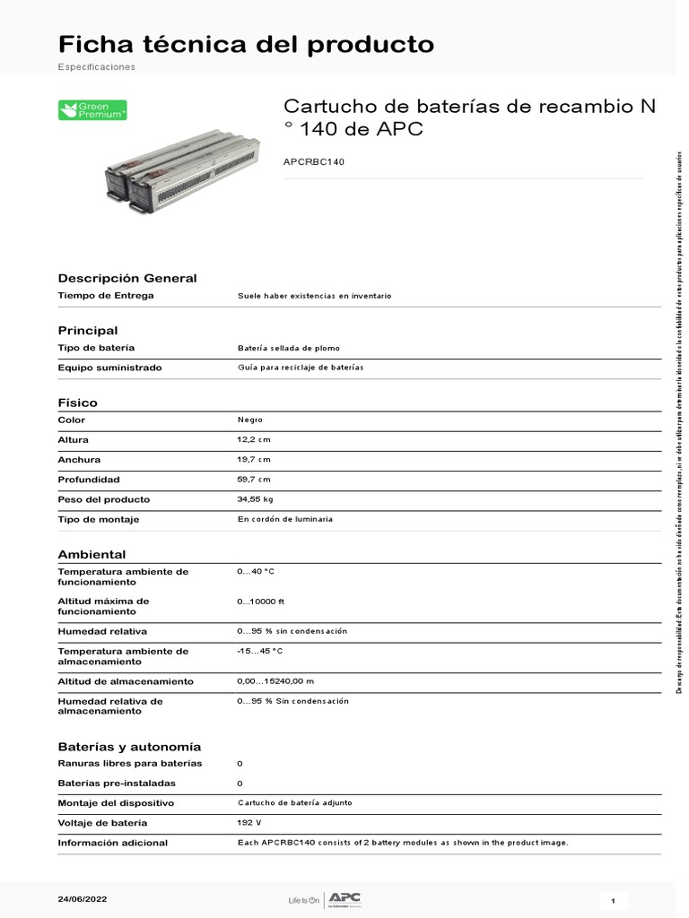 Cartucho de Batería APC APCRBC140 | PDF | Naturaleza