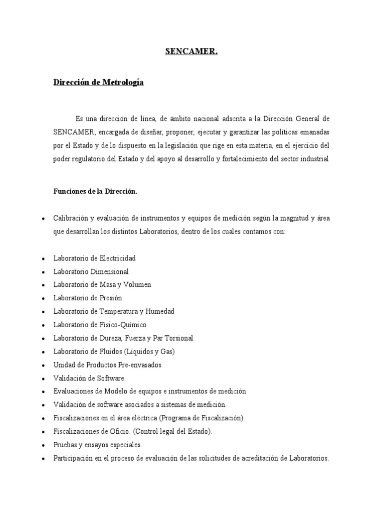 Funciones de SENCAMER en Metrología | PDF | Laboratorios | Metrología