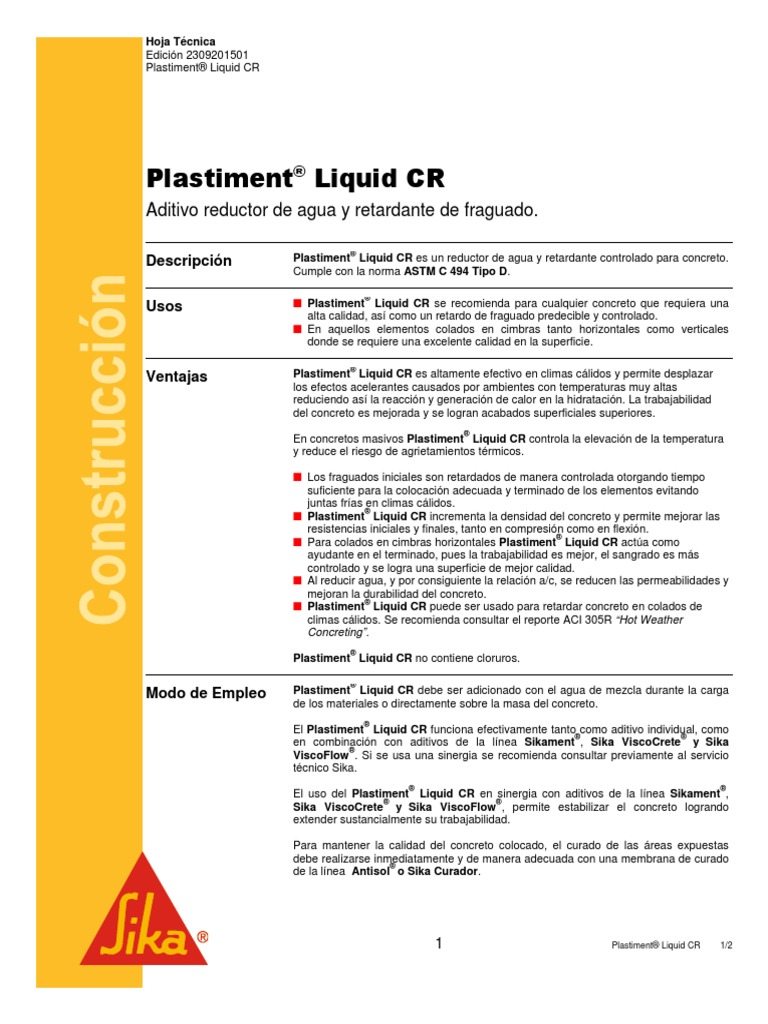Plastiment Liquid CR | PDF | Hormigón | Clima