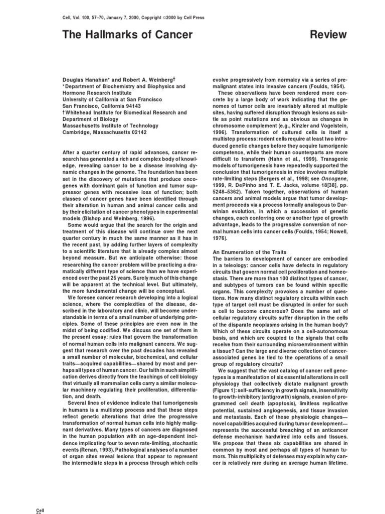The Hallmarks of Cancer Review: 2000 by Cell Press | PDF | Apoptosis ...